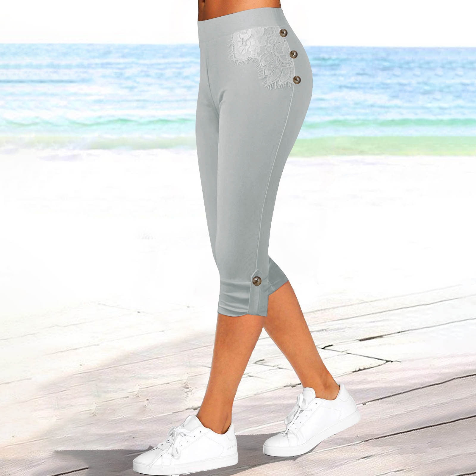 Teissuly Women's Summer High Waisted Solid Color Capris Matching Slim ...