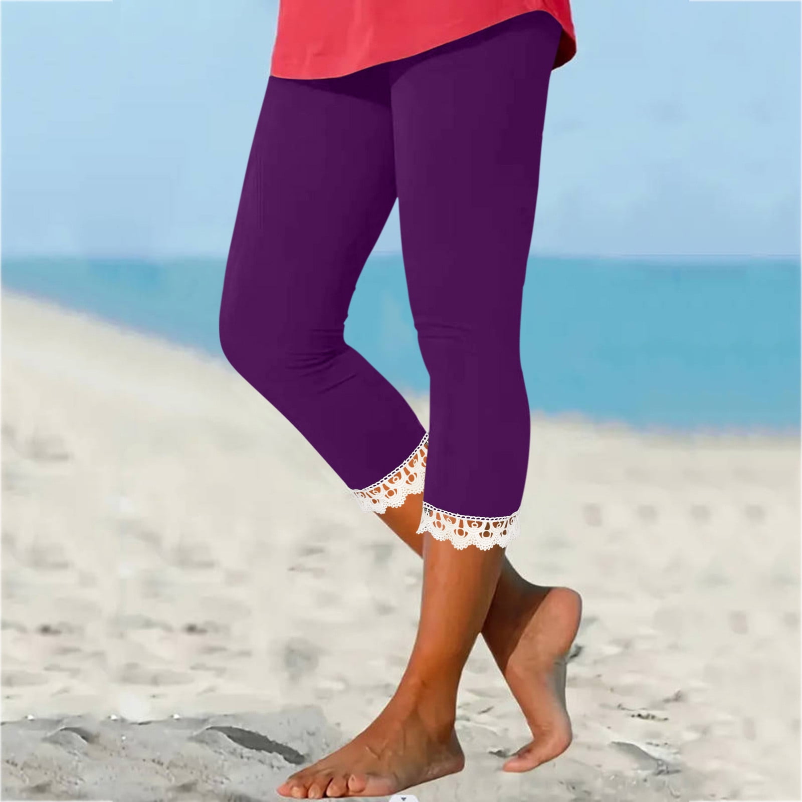 Teissuly Women's Summer High Waisted Solid Color Capris Matching Slim ...