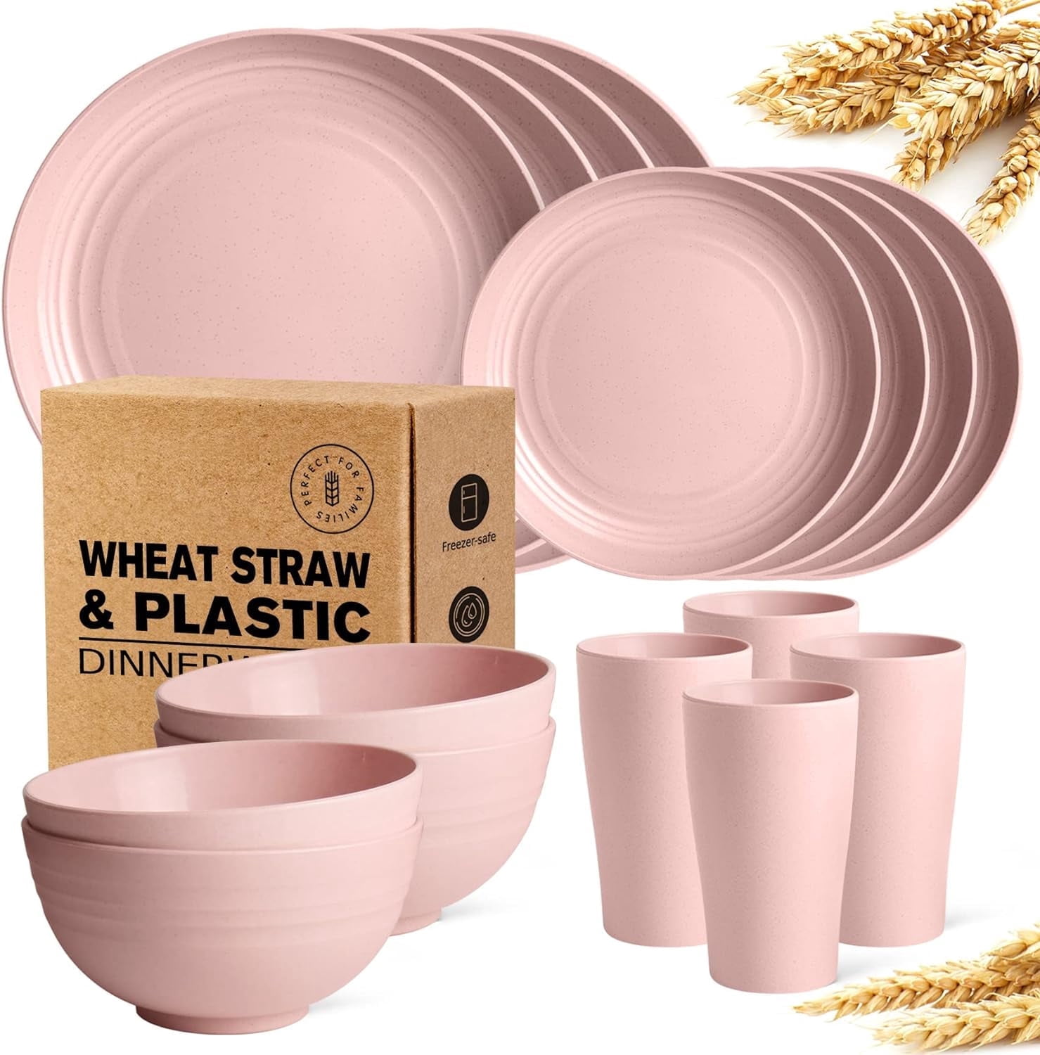 Teivio 16-Pc Wheat Straw Dinnerware Set, Plates, Bowls, Cups ...