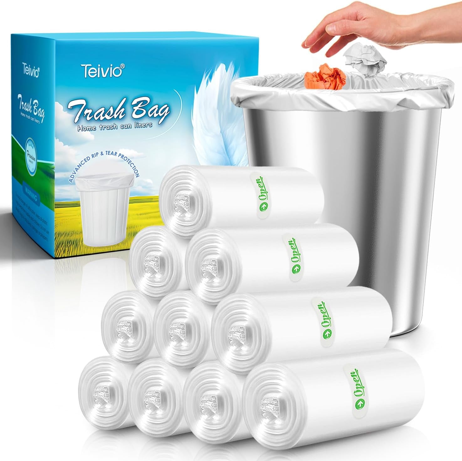 Teivio 2 Gallon 320 Counts Strong Trash Bags Garbage Bags, Bathroom ...