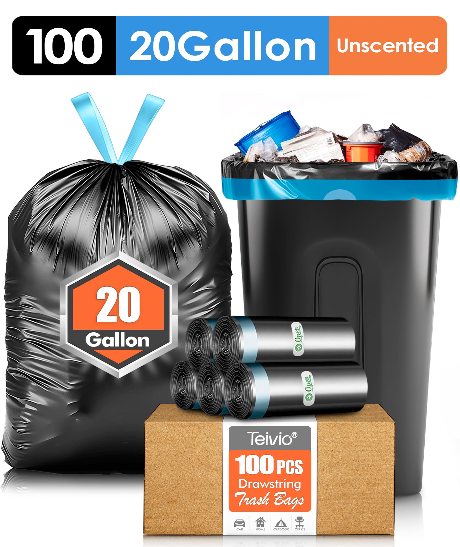 Teivio 20 Gallon Large Drawstring Trash Bags Fit 20-21 Gal, 100 Counts ...