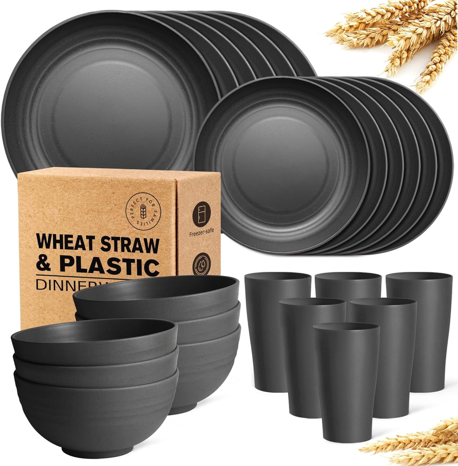 Teivio 24-Piece Kitchen Plastic Wheat Straw Dinnerware Set, Service for ...