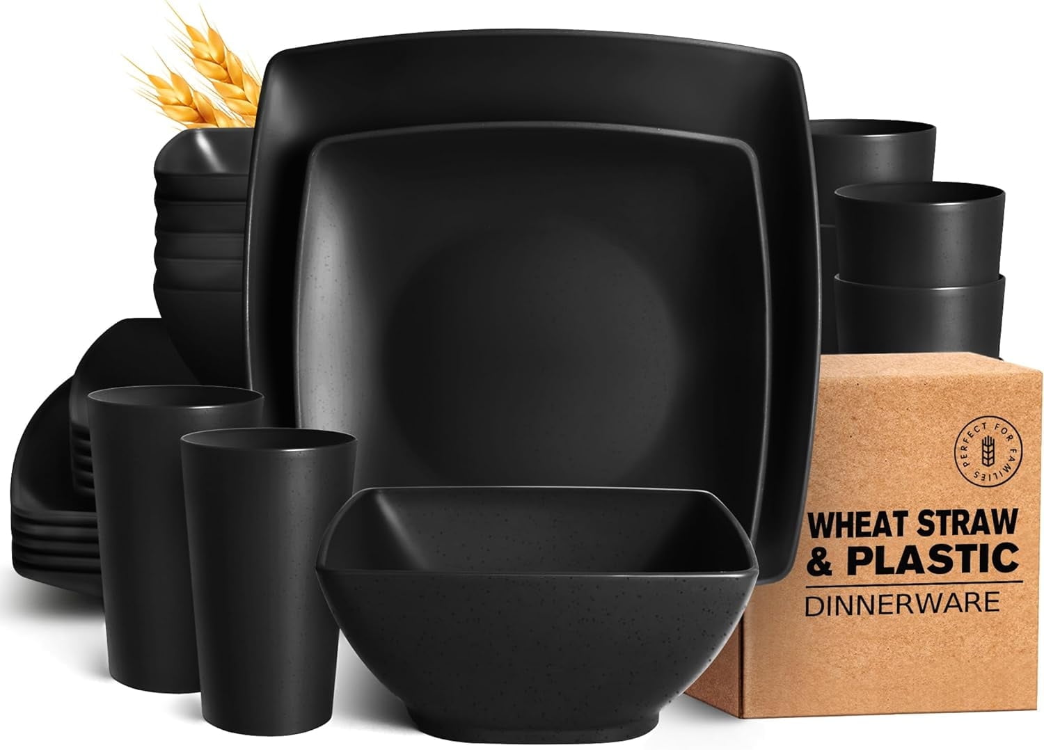 Teivio 24-piece Plastic Wheat Straw Square Dinnerware Set for 6 ...