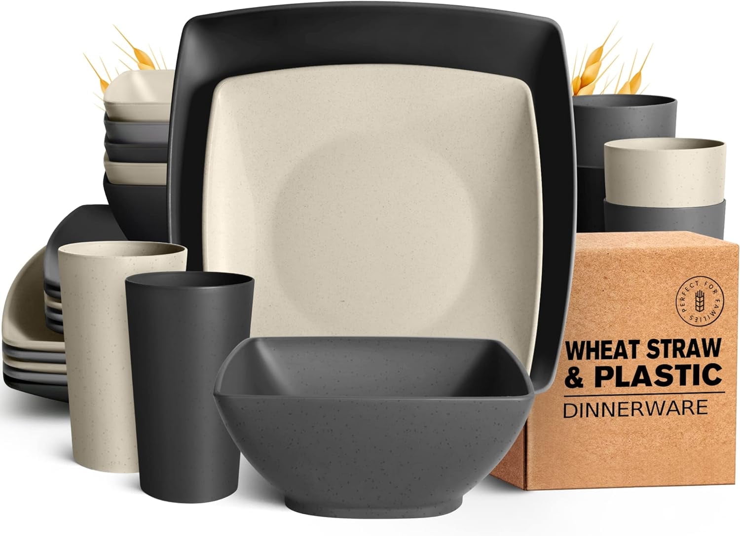 Teivio 24-piece Plastic Wheat Straw Square Dinnerware Set for 6 ...