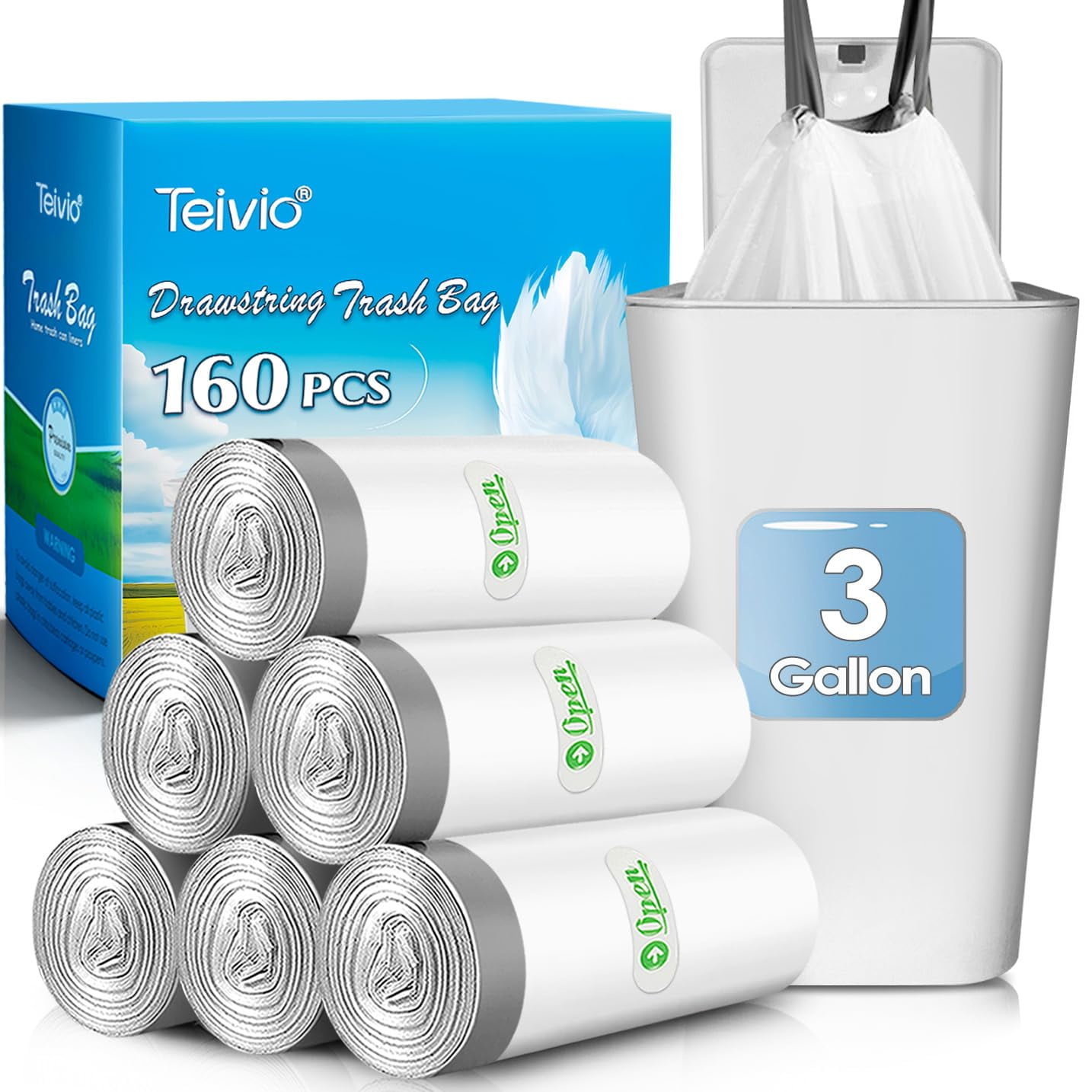 Teivio 3 Gallon 160 Counts Mini Strong Drawstring Trash Bags Garbage ...