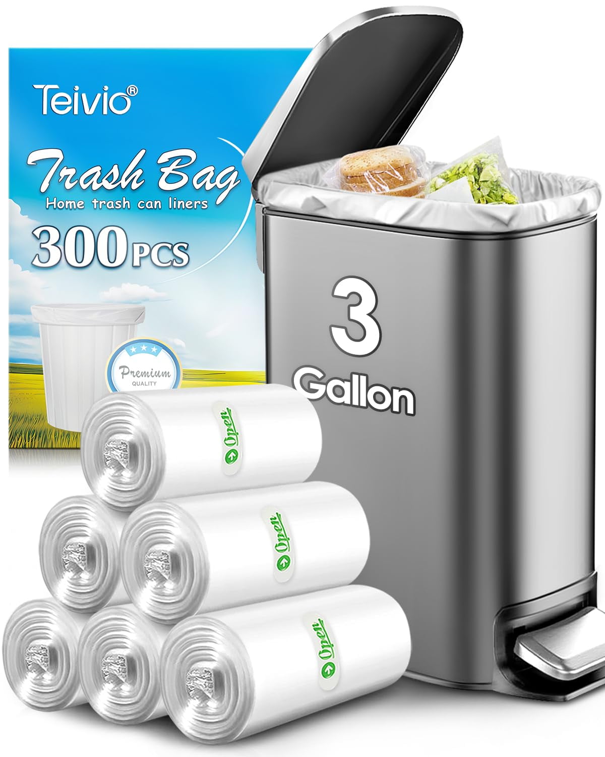 Teivio 3 Gallon 300 DEF29 Counts Strong Trash Bags Garbage Bags ...