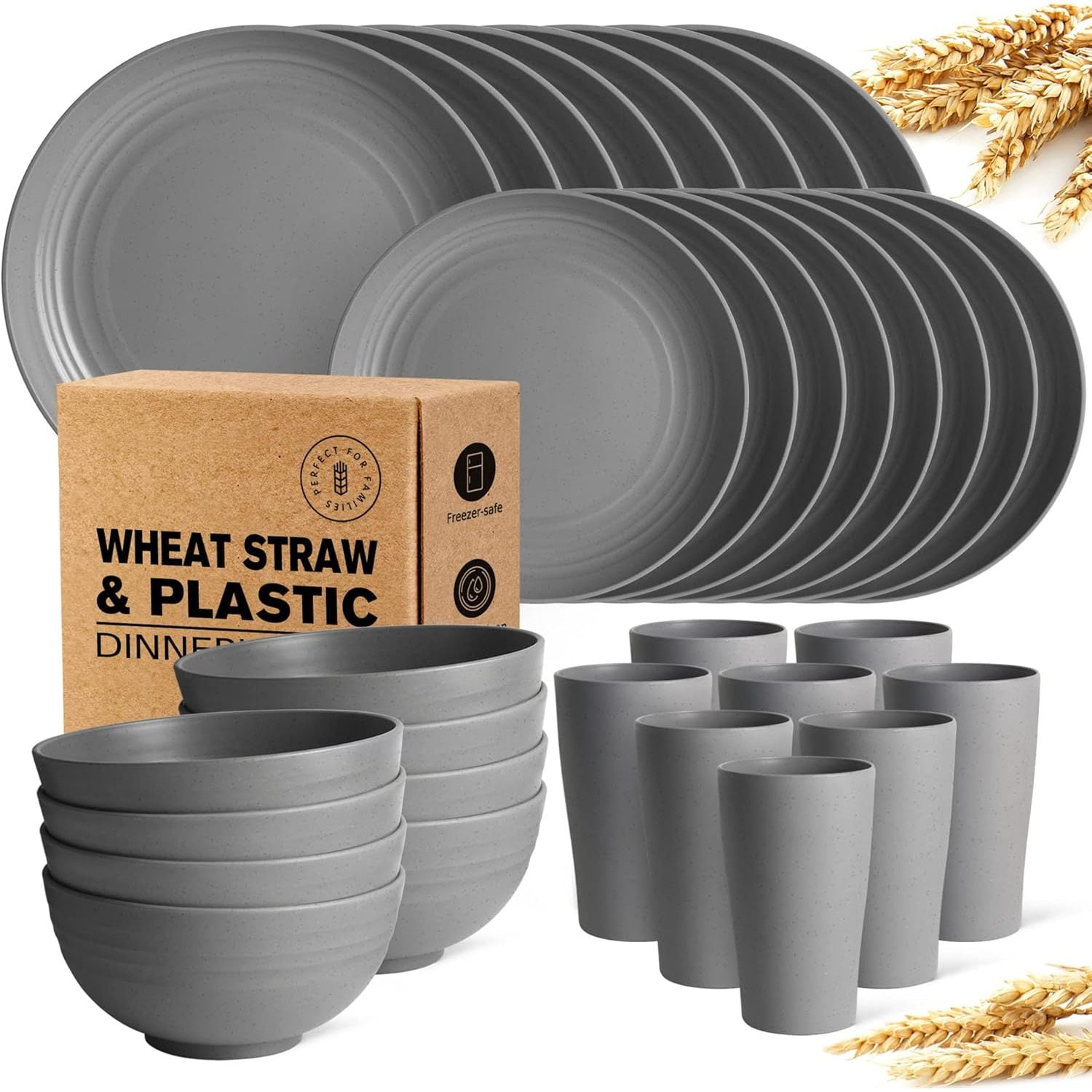 Teivio 32-Piece Kitchen Plastic Wheat Straw Dinnerware Set, Service for ...