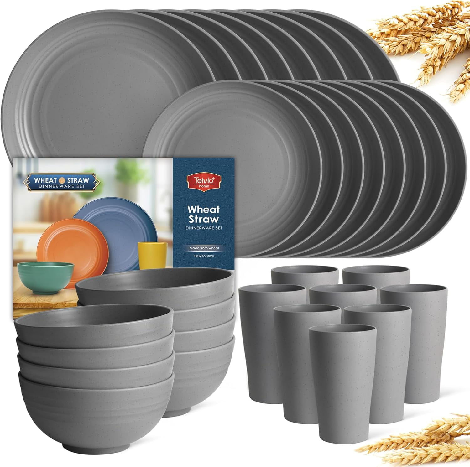 Teivio 32-Piece Kitchen Plastic Wheat Straw Dinnerware Set, Service for ...