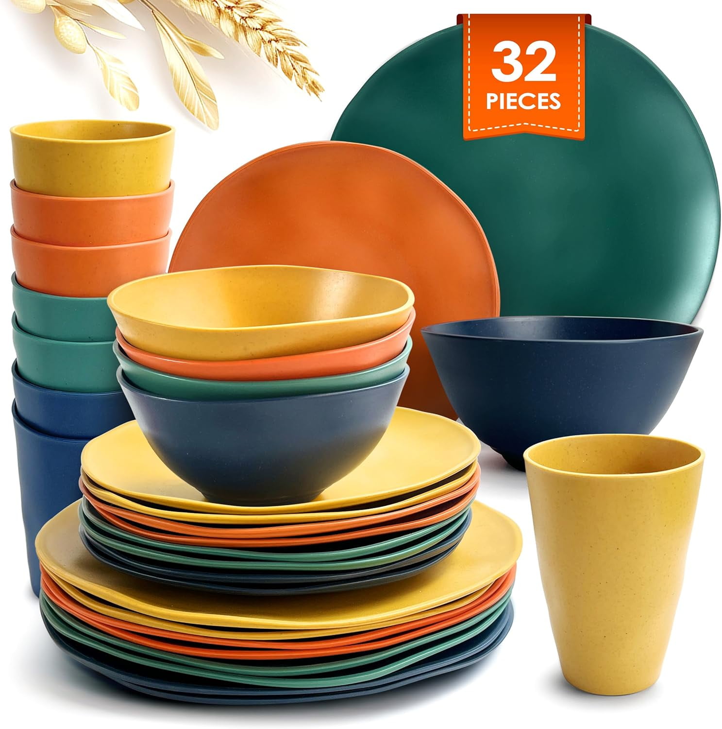Teivio 32-Piece Kitchen Plastic Wheat Straw Dinnerware Set, Service for ...