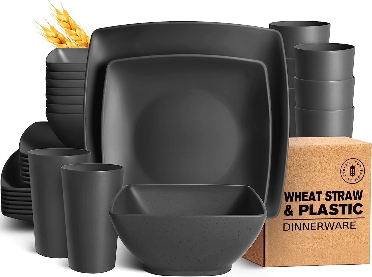 Teivio 32-Piece Unbreakable Dinnerware Set: Wheat Straw Plates, Bowls ...
