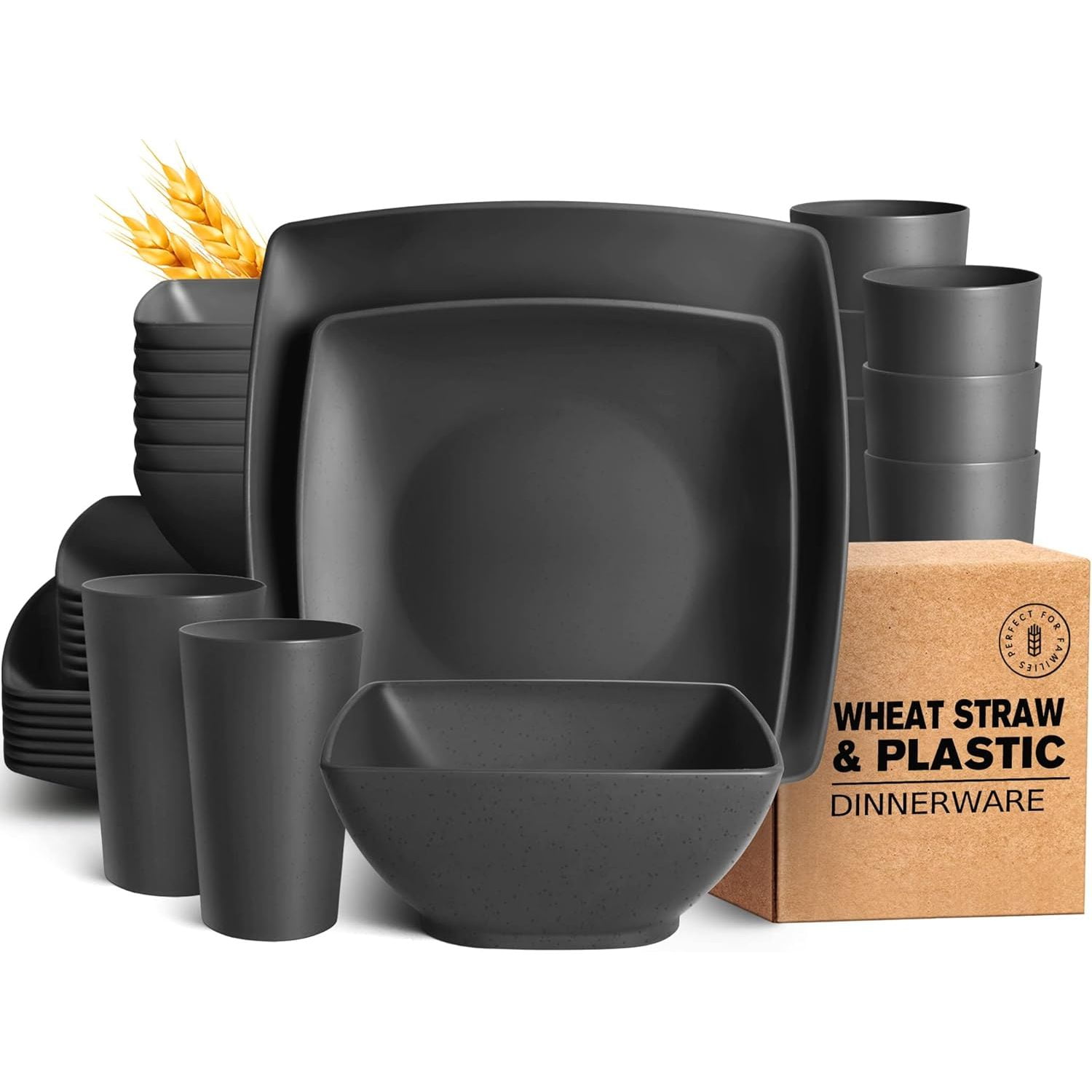 Teivio 32-piece Plastic Wheat Straw Square Dinnerware Set for 8 ...