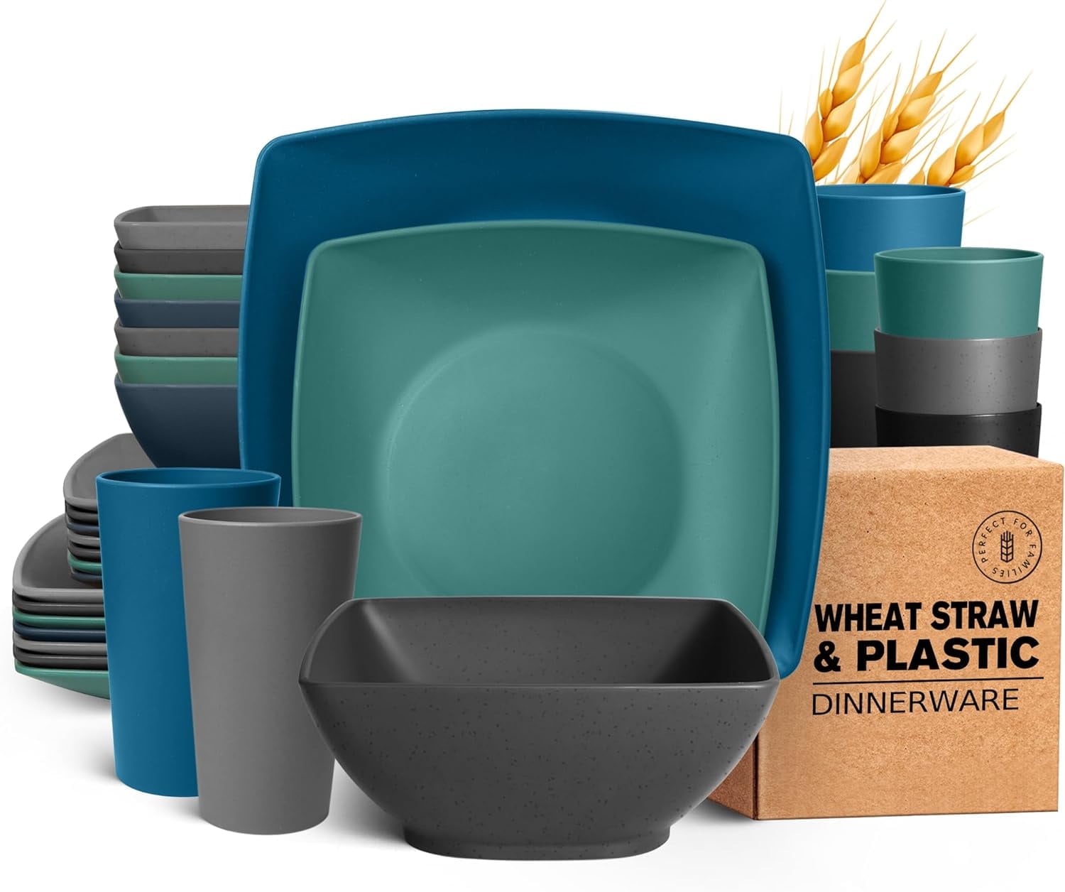 Teivio 32-piece Plastic Wheat Straw Square Dinnerware Set for 8 ...