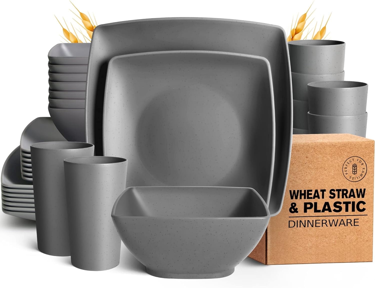 Free Shipping! Teivio 32-piece Plastic Wheat Straw Square Dinnerware ...
