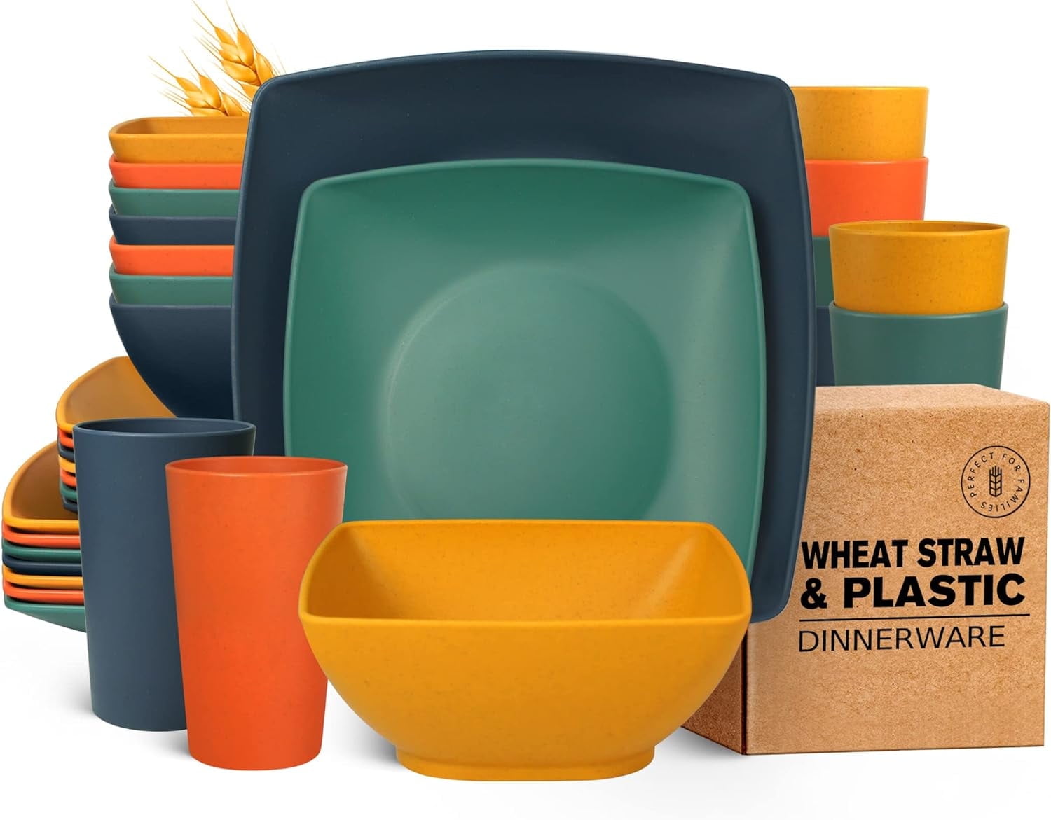 Teivio 32-piece Plastic Wheat Straw Square Dinnerware Set for 8 ...