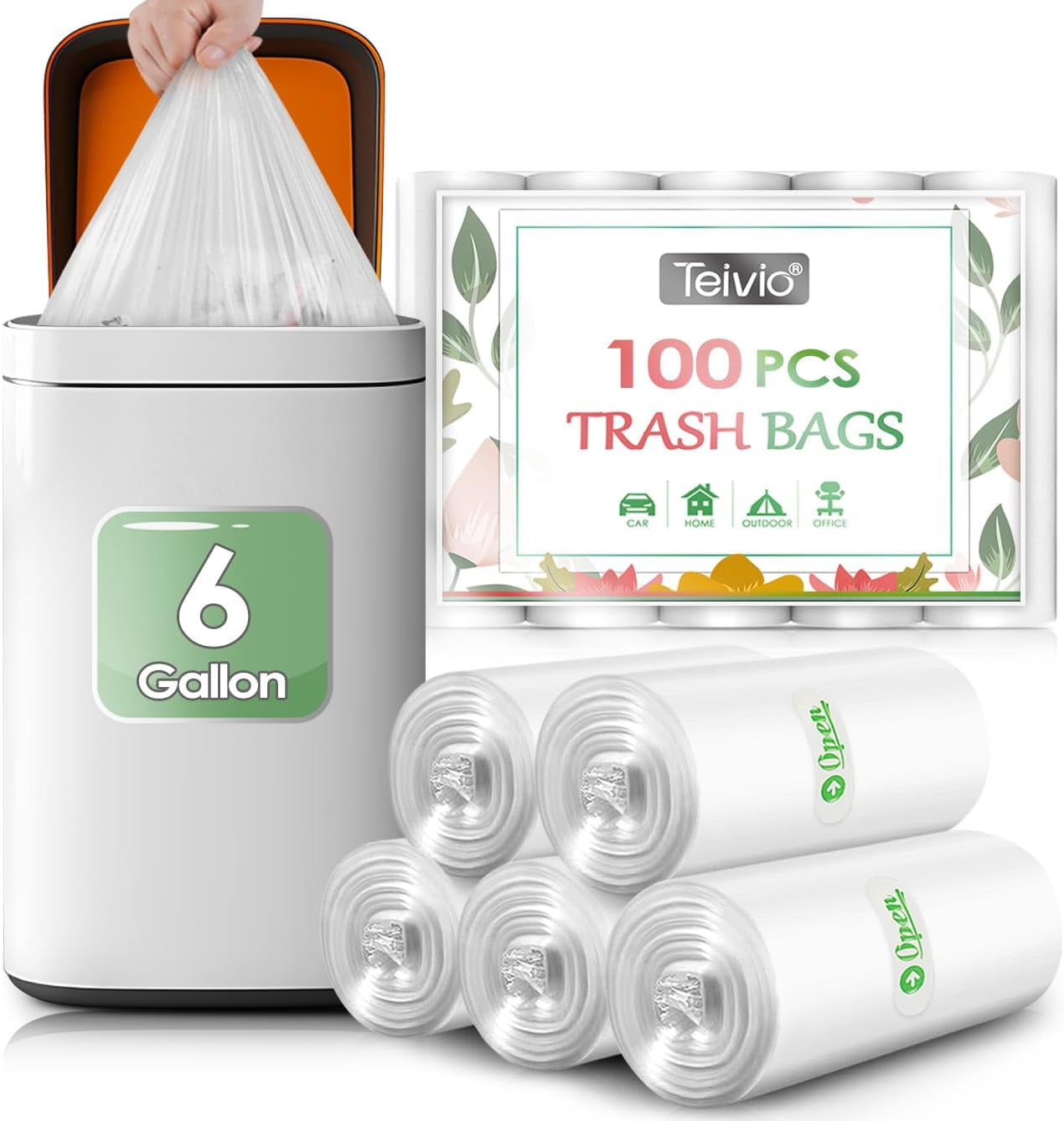 Teivio 6 Gallon 100 Counts Strong Garbage Bags Trash Bags, Bathroom ...