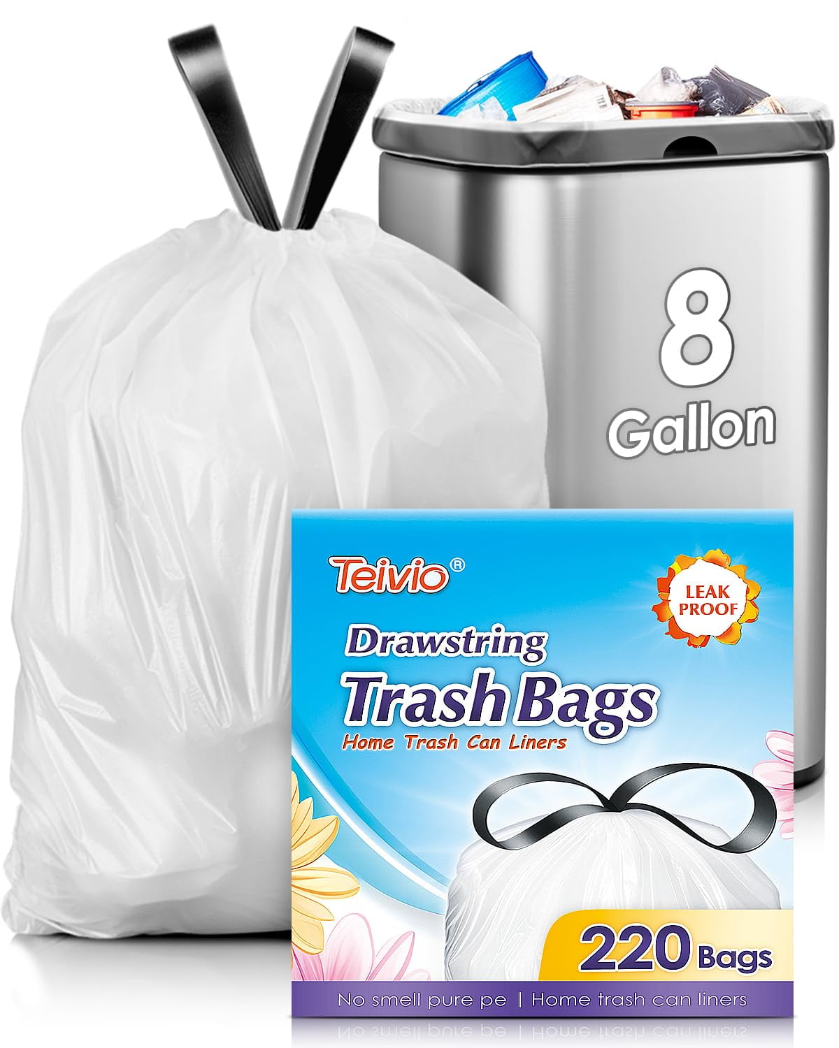Teivio 8 Gallon 220 BDF32 Counts Strong Drawstring Trash Bags Garbage ...