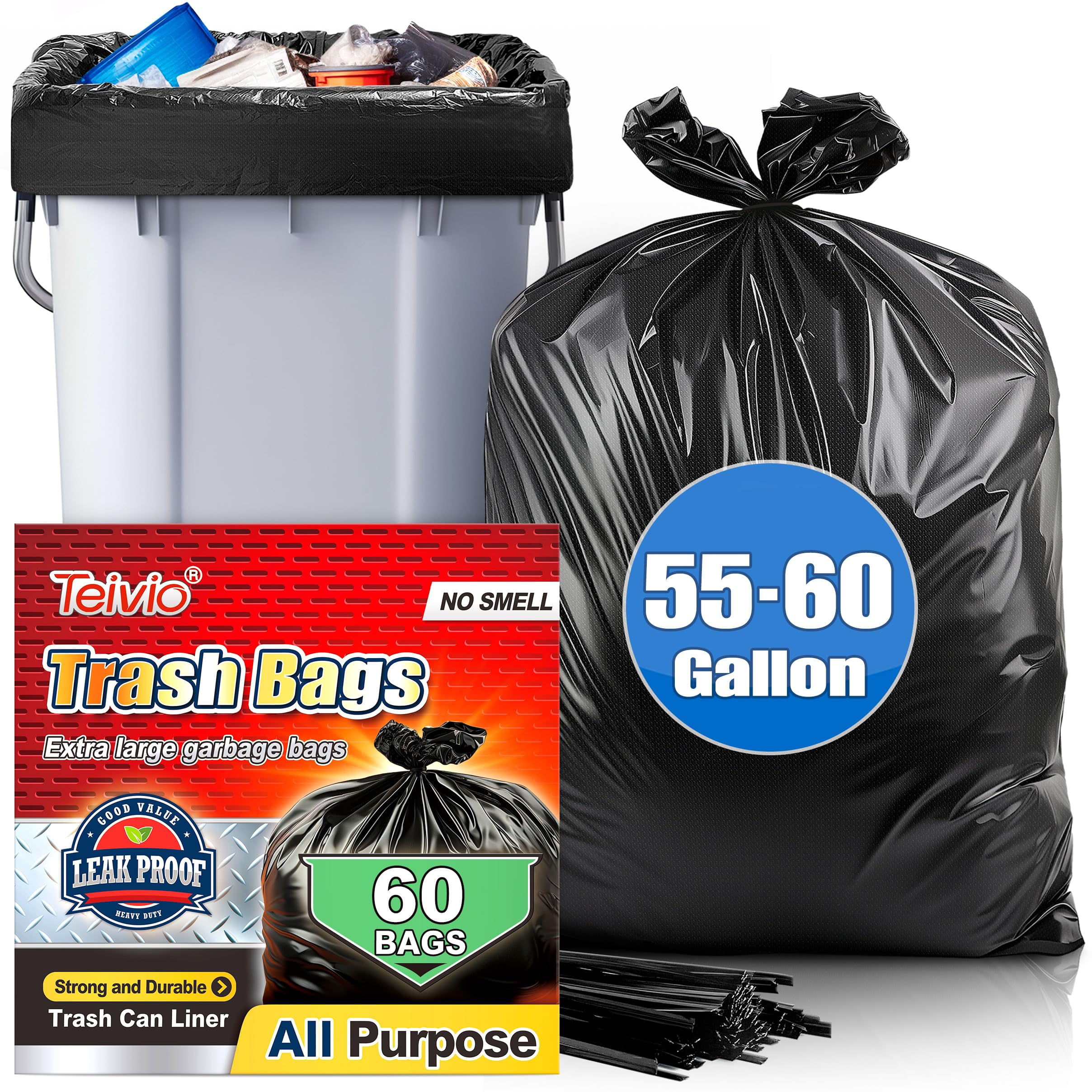 Teivio Large Black Trash AIF9 Bags 55-Gallon Counts Industrial Sturdy ...