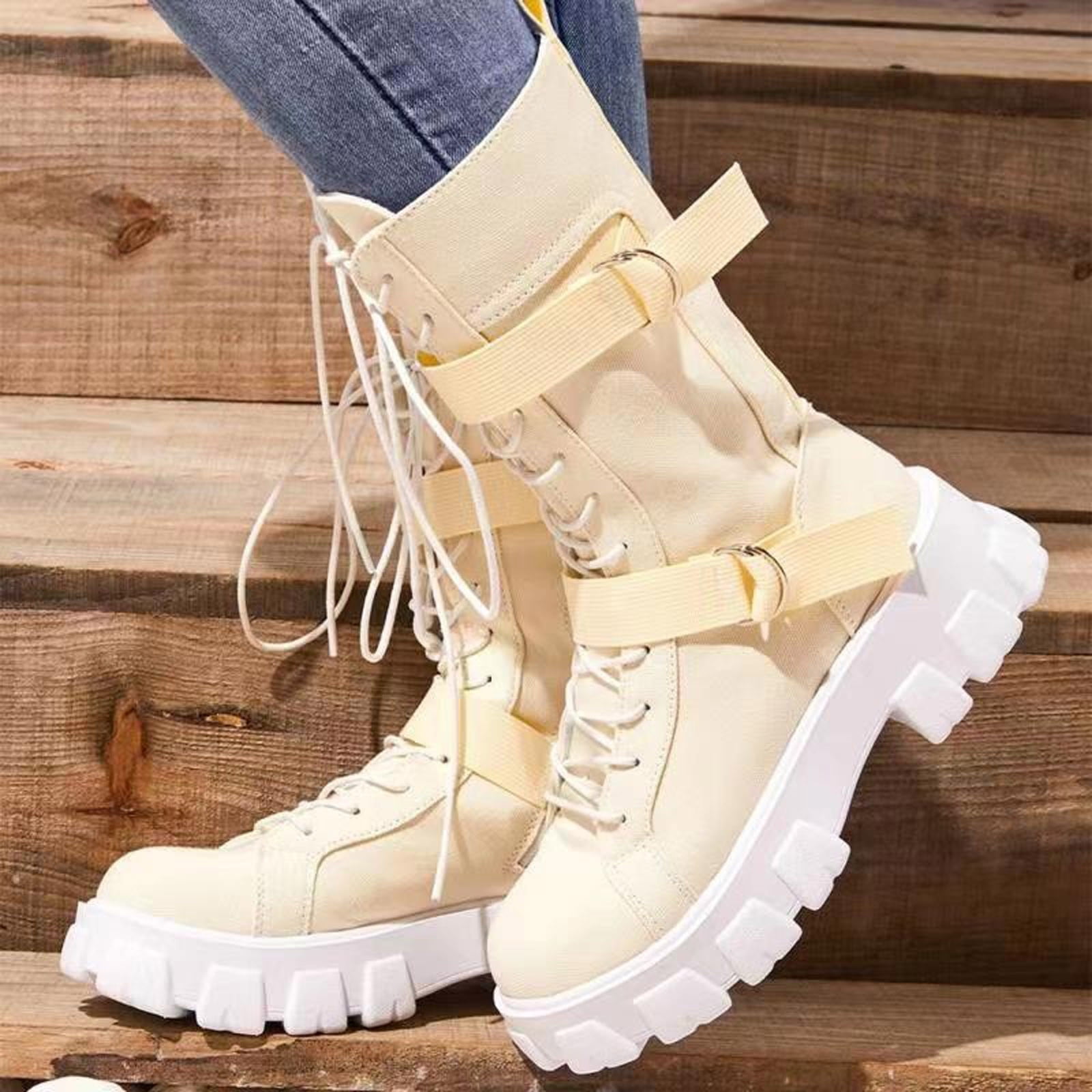 Tejiojio Fall Canvas High-top Solid Color Platform Casual Round Toe ...