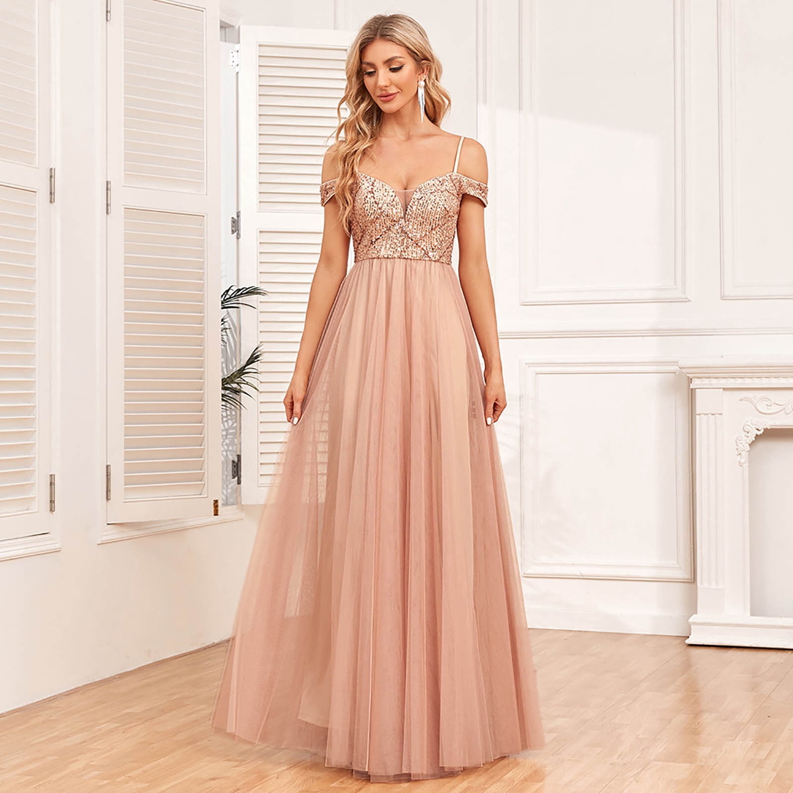 Tejiojio Ladies Off Shoulder Strap Double V-Neck Sequin Embroidery ...