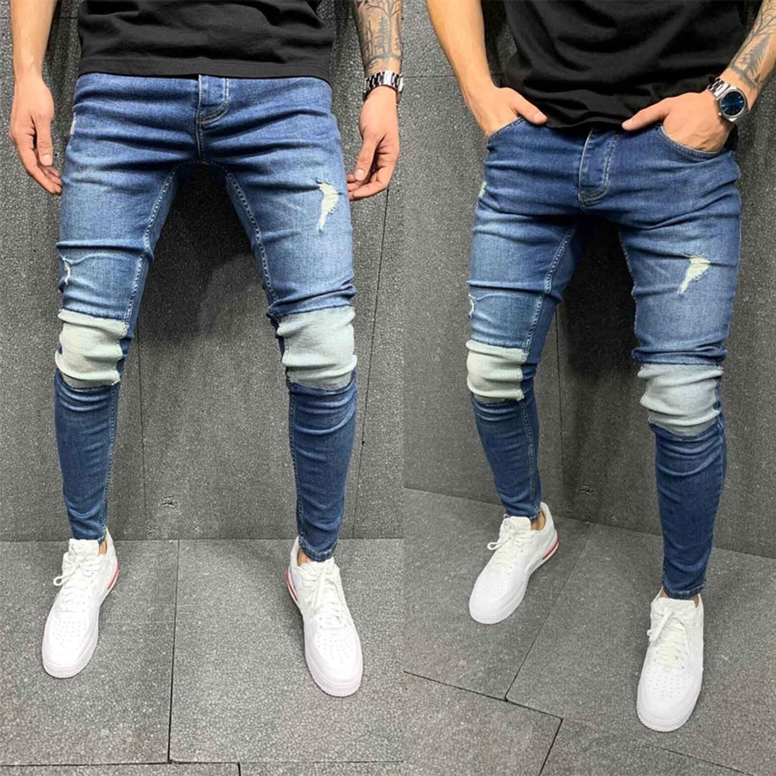 Tejiojio Men's and Big Men's Relaxed Fit Men Striped Zipper Denim Hole ...
