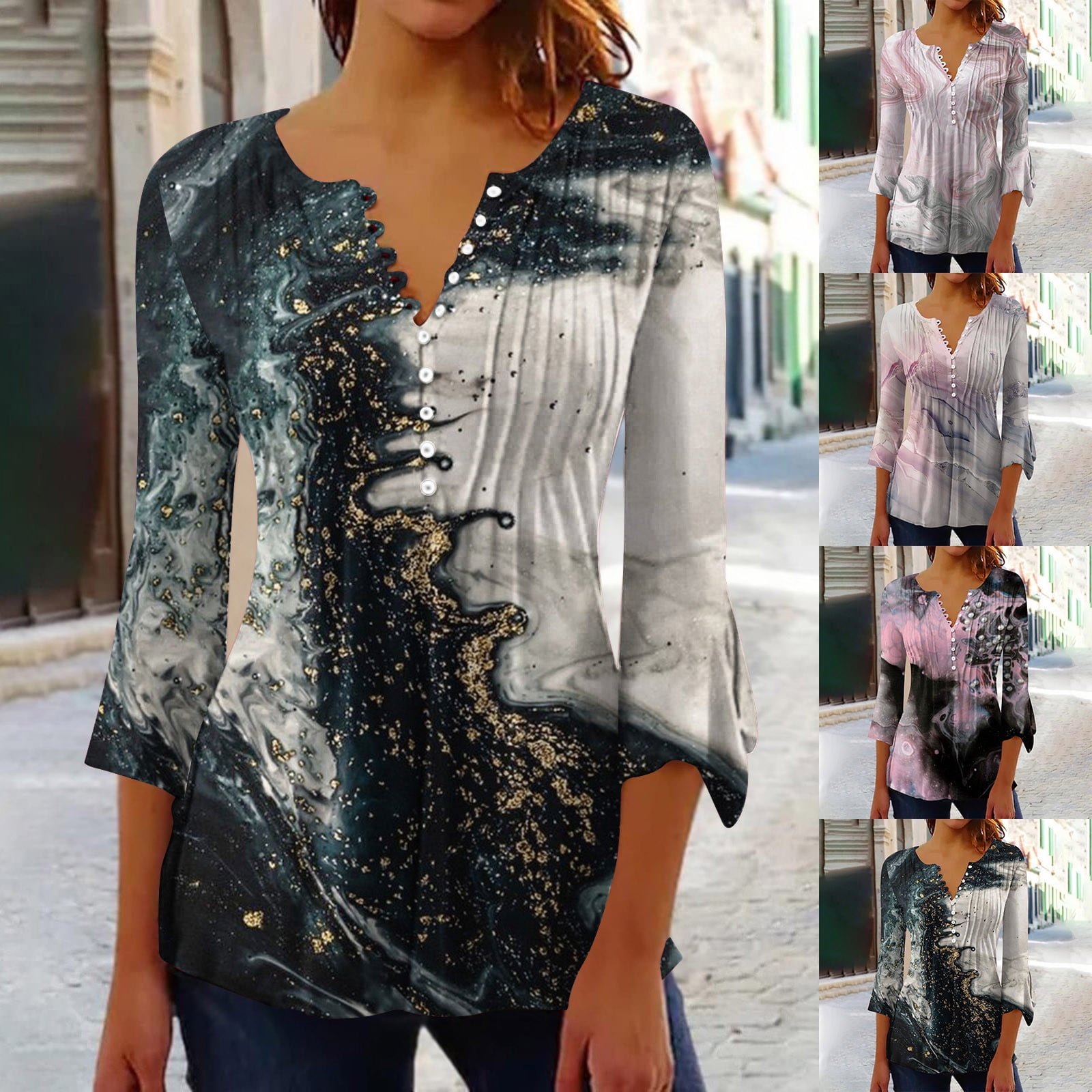 Tejiojio Summer Sustainable Style Clearance Women's Classic Trumpet 3/4 Sleeve Printed Buttoned ...