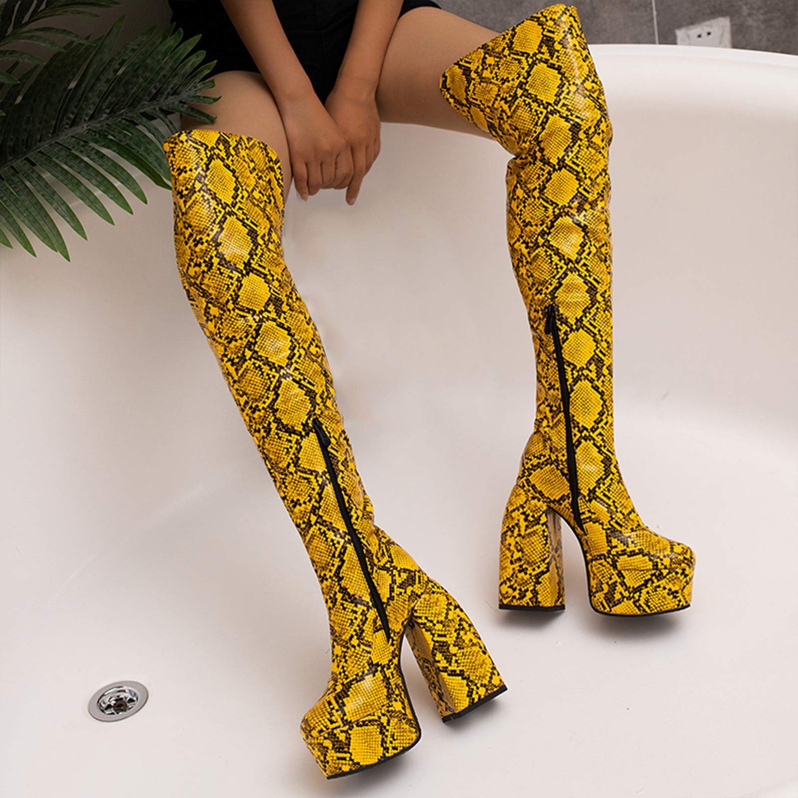 Tejiojio Waterproof Boots for Women, Patchwork Serpentine Platform ...
