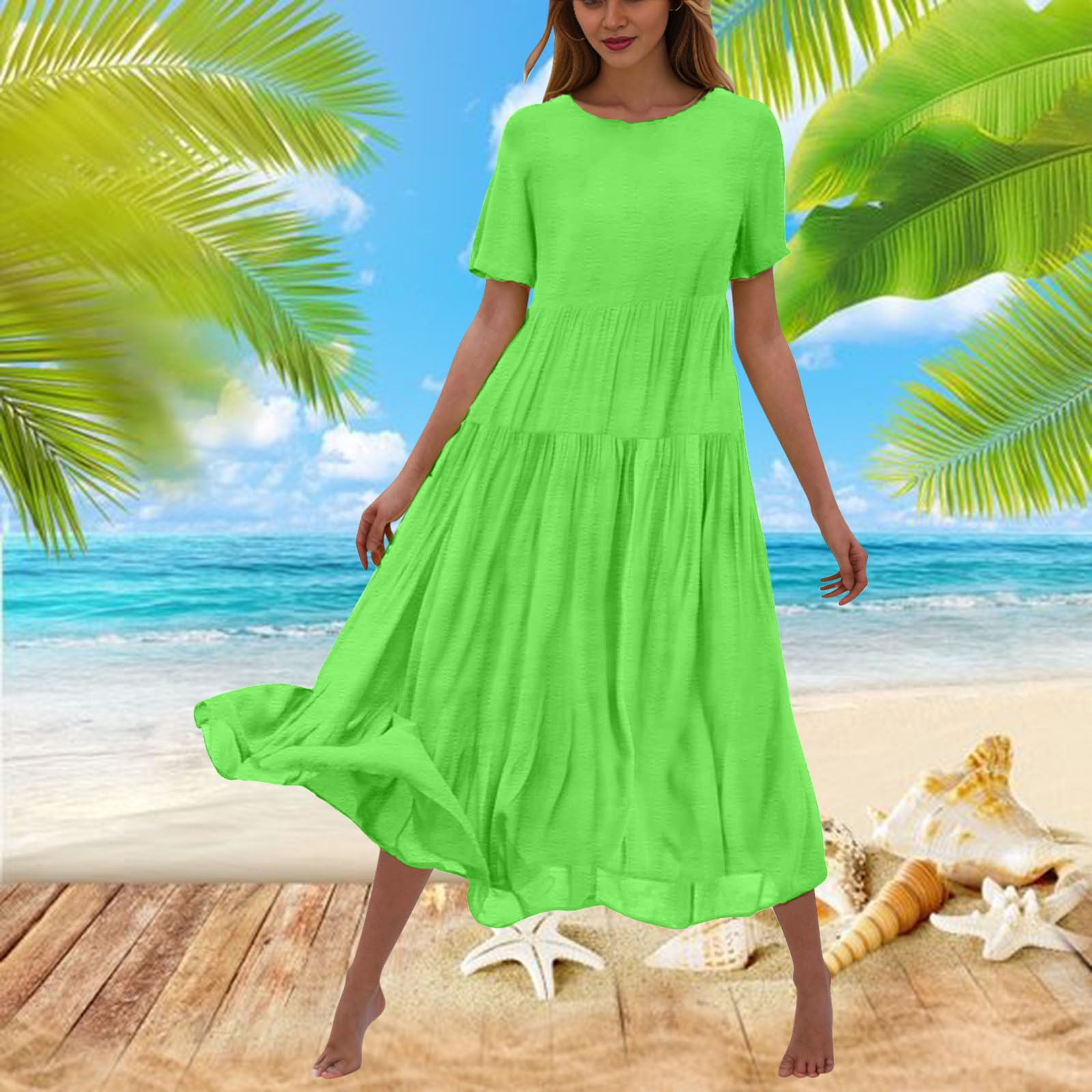 Tejiojio Women Flower Solid Color Casual Short/Long Sleeve Crewneck Dress Casual Flowy Tiered ...