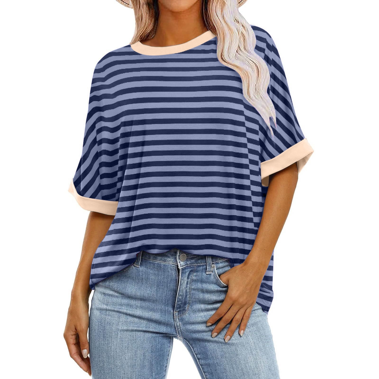 Tejiojio Women Oversized Striped Color Block Tops Short Sleeve Crew ...