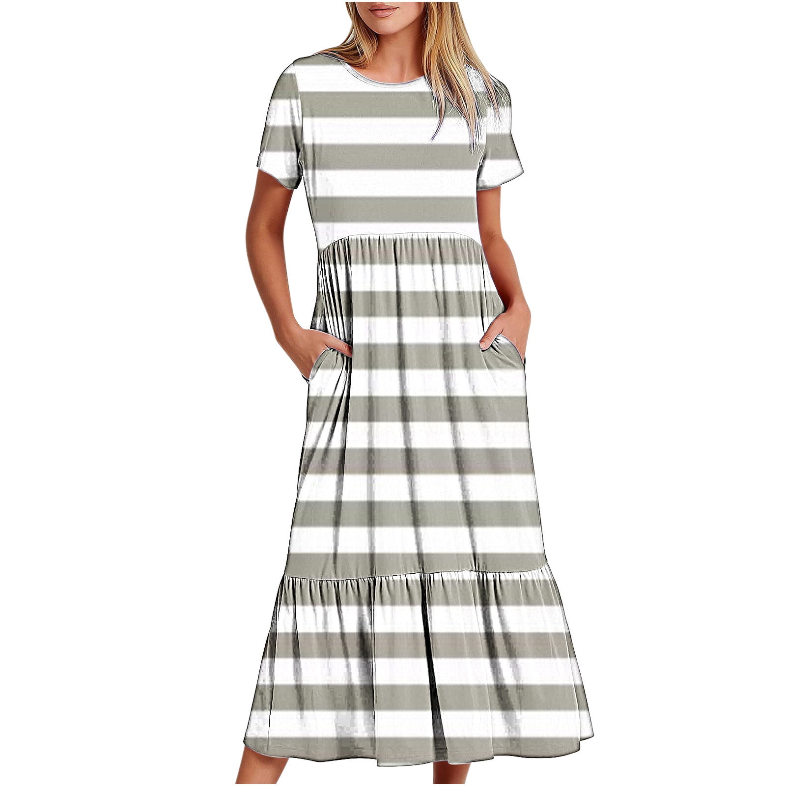 Tejiojio Women's Casual Flowy Short Sleeve Crewneck Dress Tiered Maxi ...