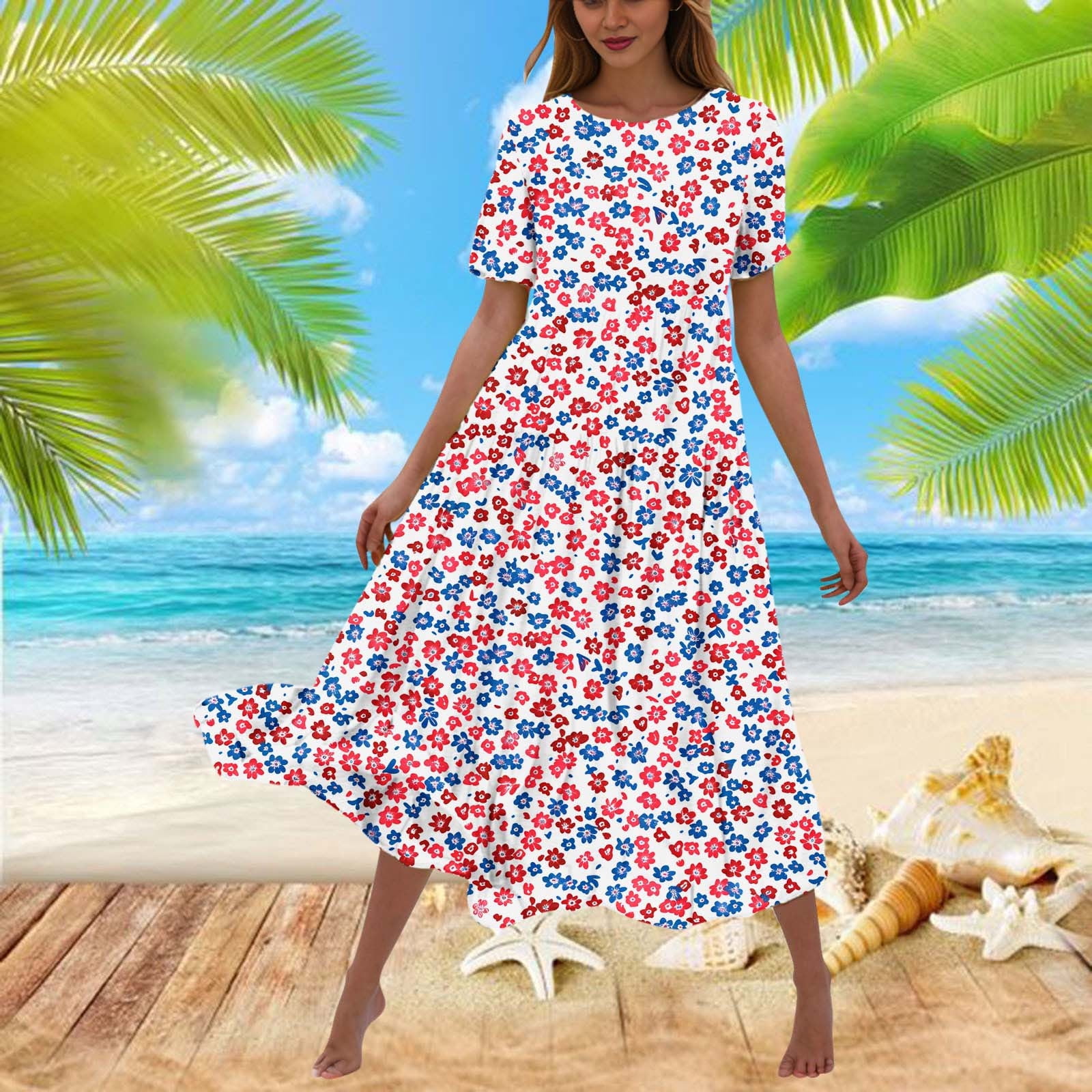 Tejiojio Women's Flower Printing Casual Short Sleeve Crewneck Dress ...