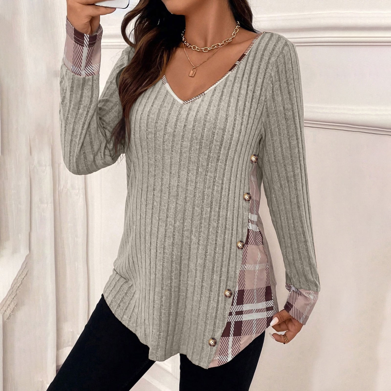 Tejiojio Women's New V-neck Waistband Button Hole Patchwork Top Long ...