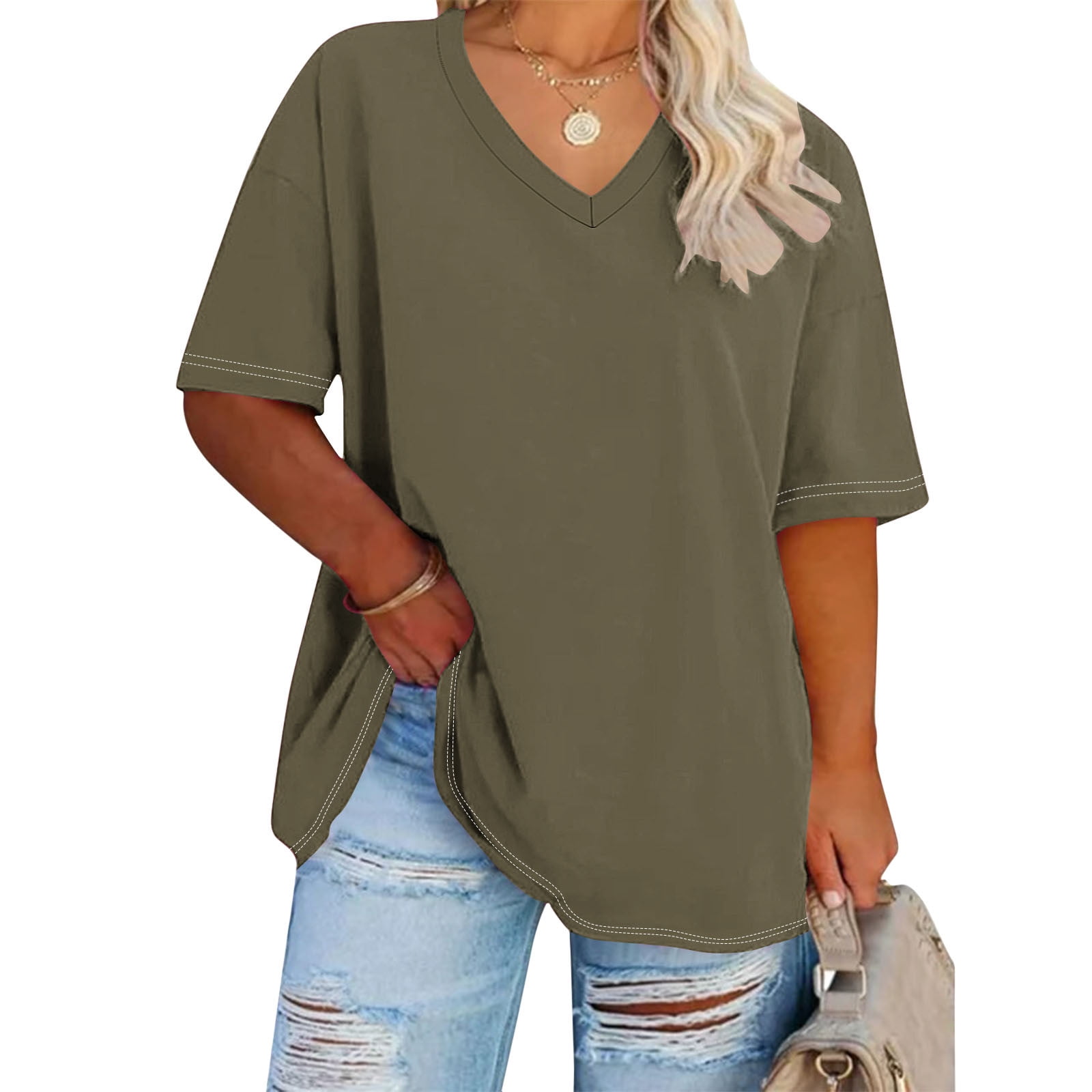 Tejiojio Women's Oversized T-Shirt Short Sleeve V Neck Loose Baggy ...