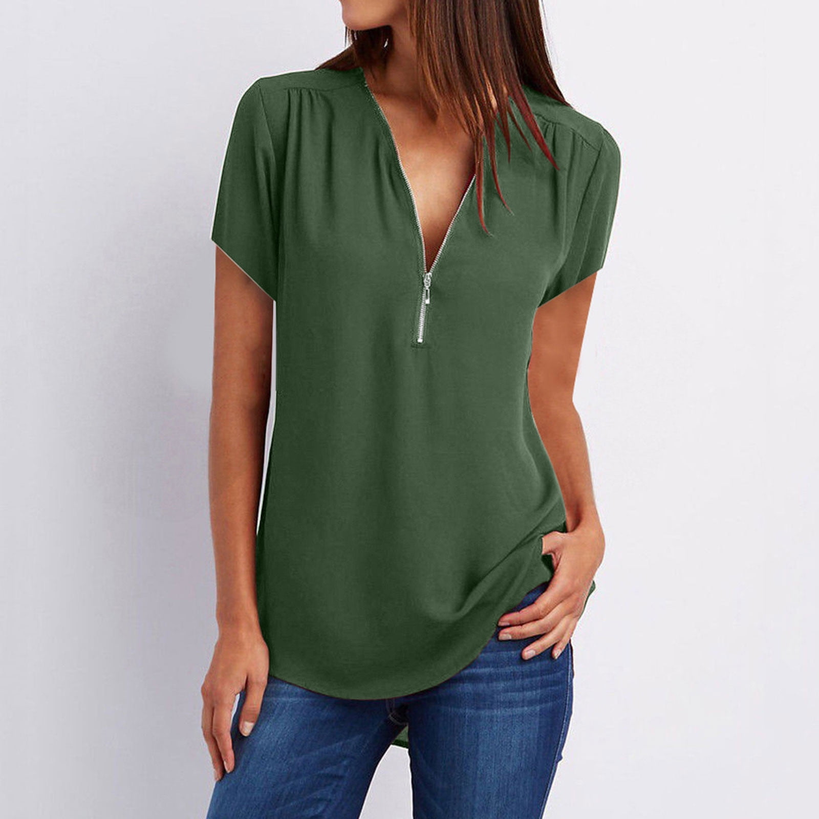 Tejiojio Womens Plus Size Chiffon Shirt Short Rolled Sleeve Casual ...