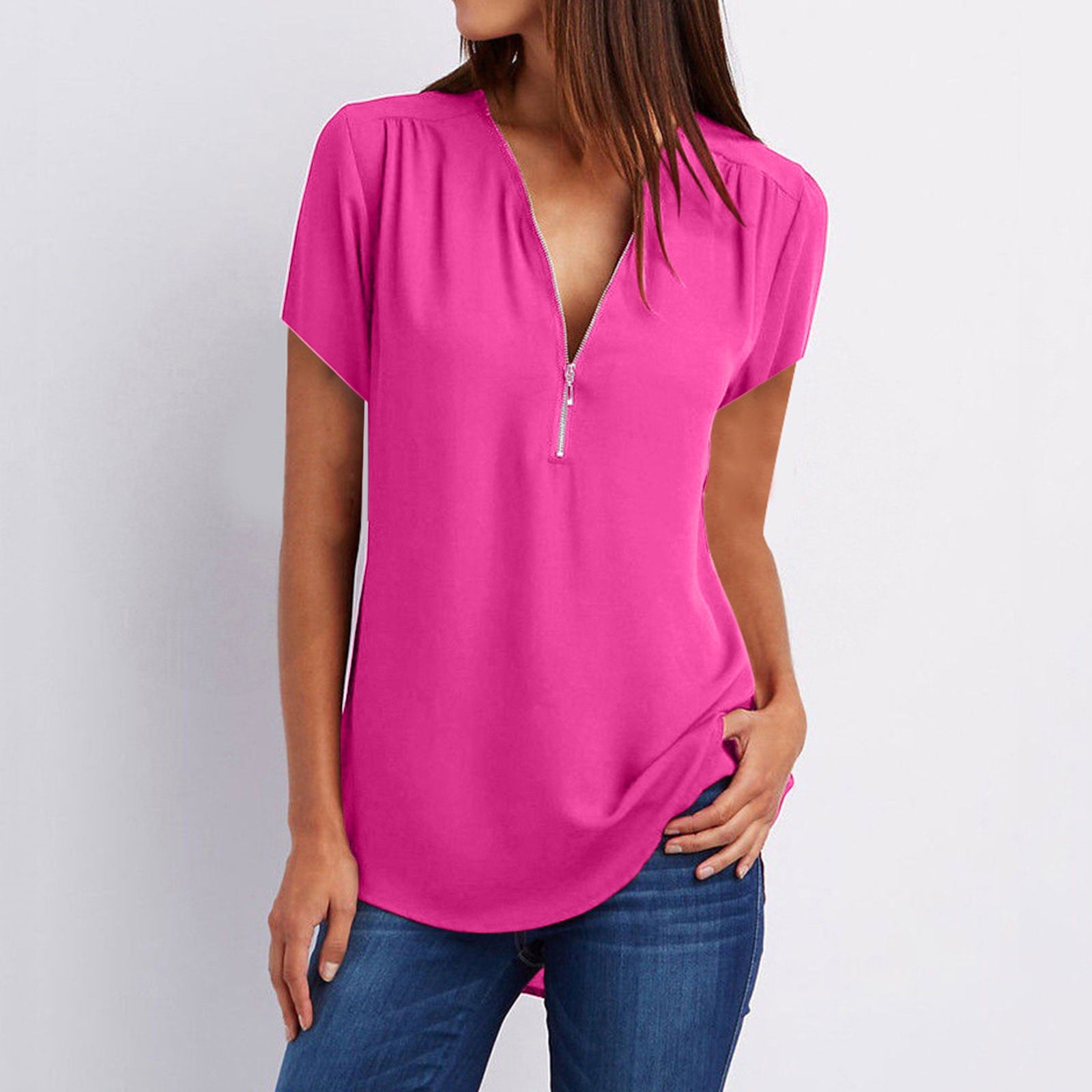 Tejiojio Womens Plus Size Chiffon Shirt Short Rolled Sleeve Casual