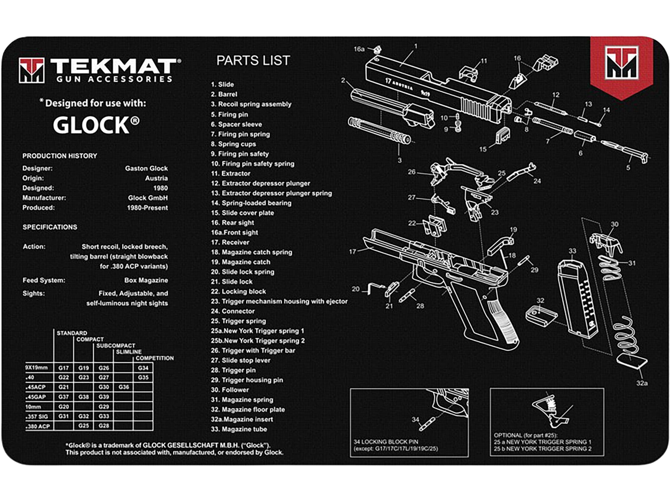 TekMat 17in Printed Gun Cleaning Mat Glock Gun Cleaning Mat, Black ...