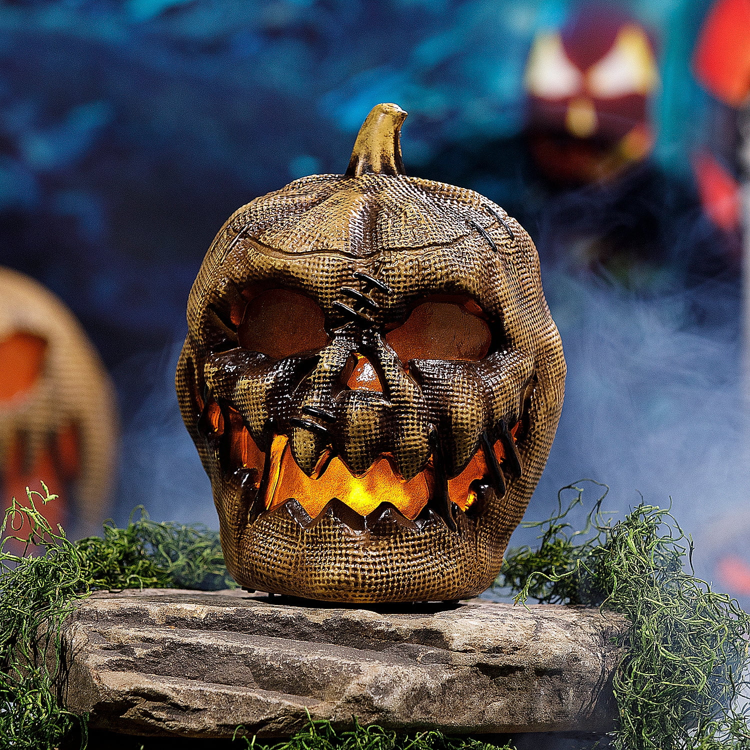 10" Animated Flaming Burlap Pumpkin Halloween Decoration - Walmart.com