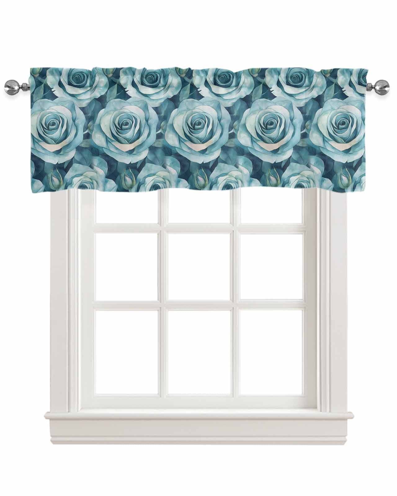 Tel Blue Roses Kitchen Valances for Windows Farmhouse Linen Window ...