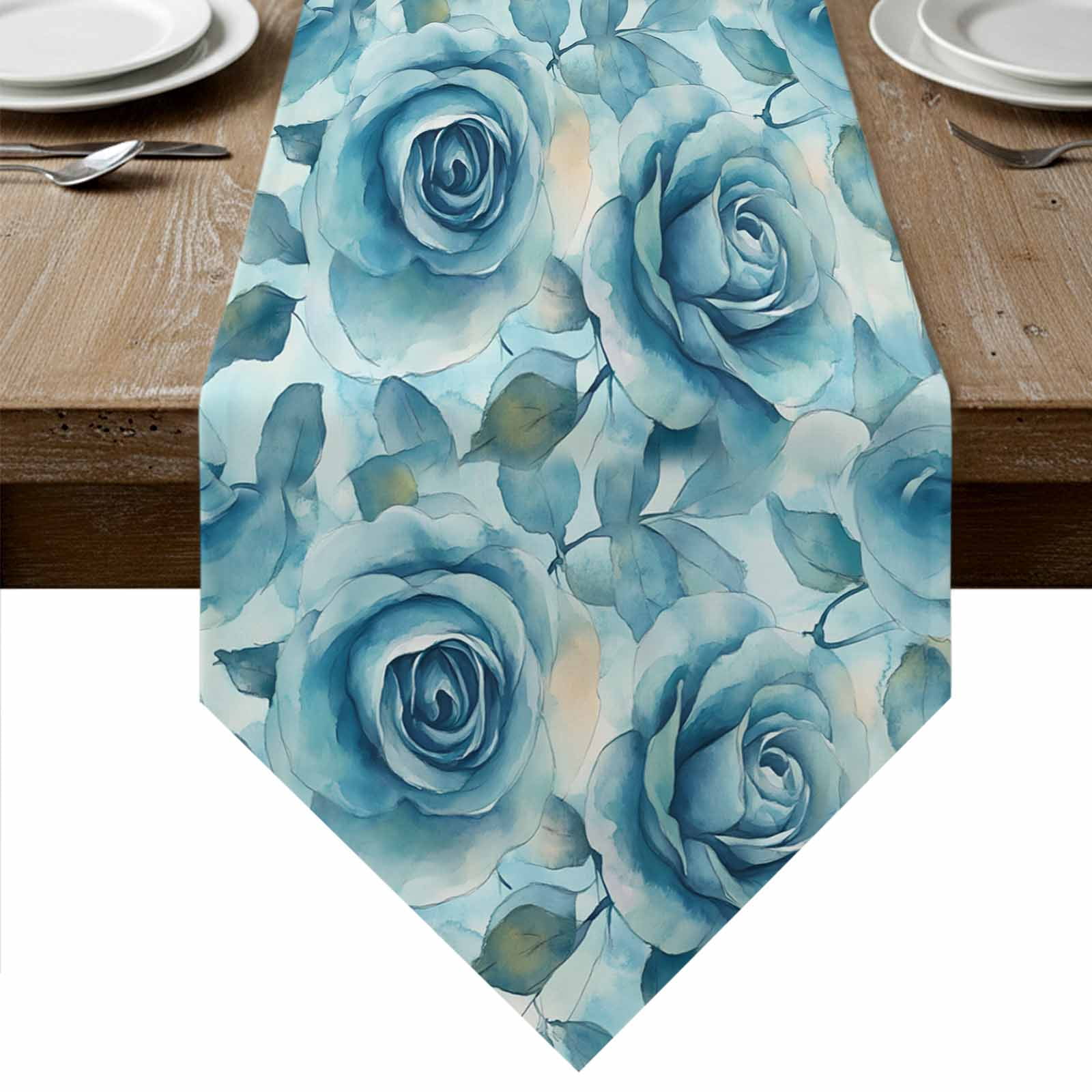 Tel Blue Roses Table Runner Linen Burlap Table Runner 72 Inches Long ...
