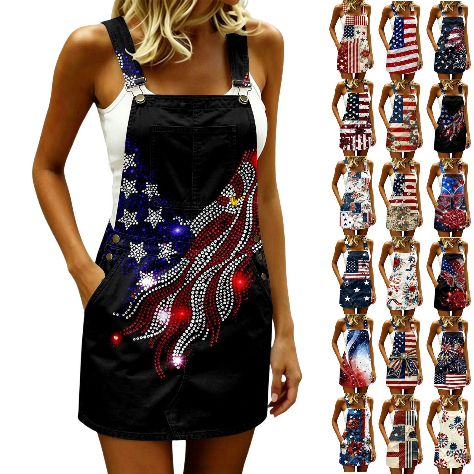 Telankuip 4th of July Denim Jumper Dresses for Women Retro American ...