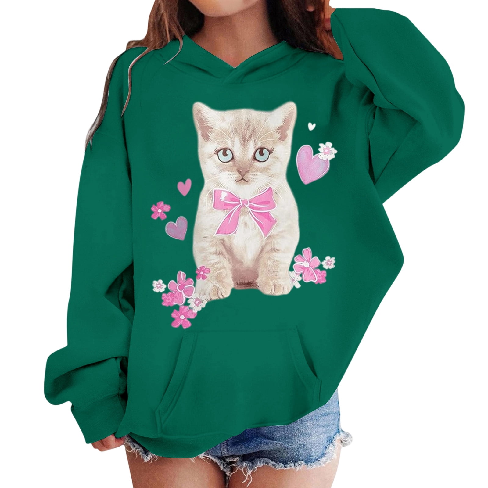Telankuip Cute Cat Graphic Hoodies for Teen Girls Kawaii Anime Tween ...