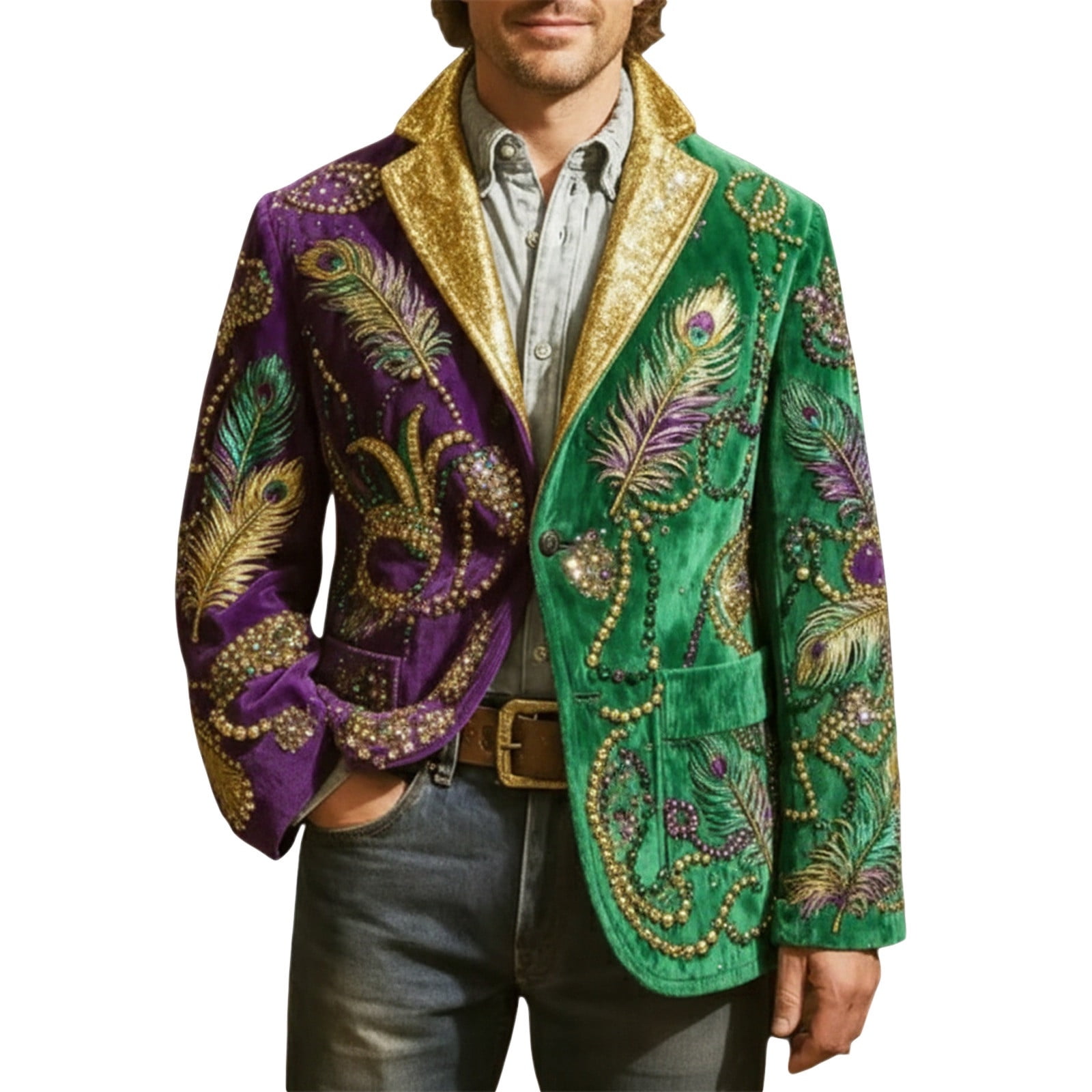 Telankuip Mardi Gras Printed Corduroy Suits Jacket for Men Lapel Two ...