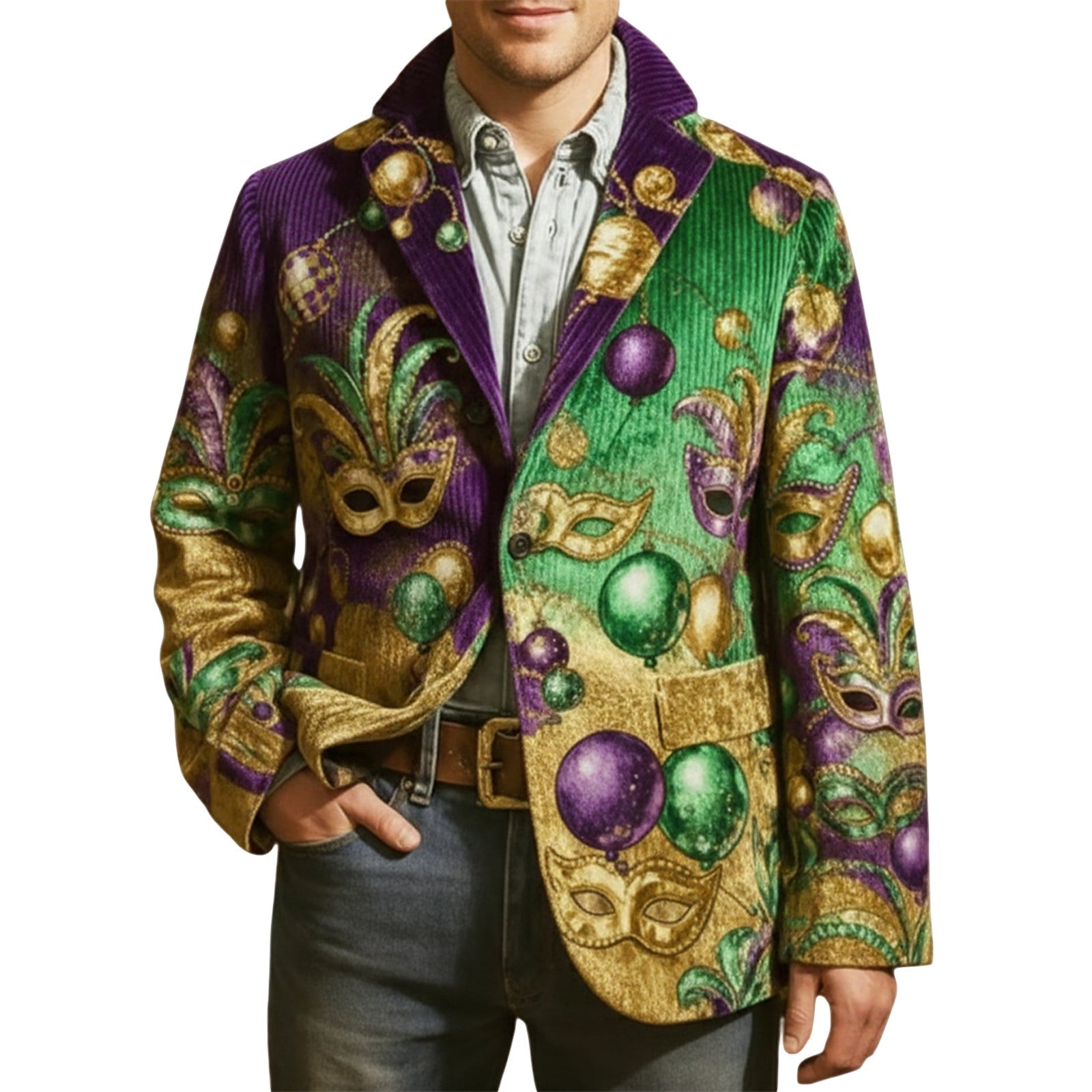 Telankuip Mardi Gras Printed Corduroy Suits Jacket for Men Lapel Two ...