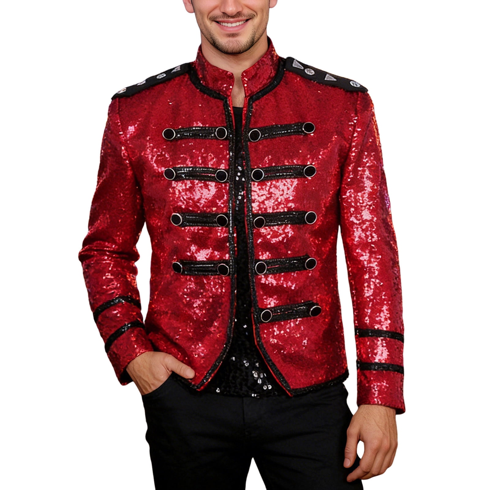 Telankuip Men's Red Sequin Steampunk Military Blazer Jackets Double ...