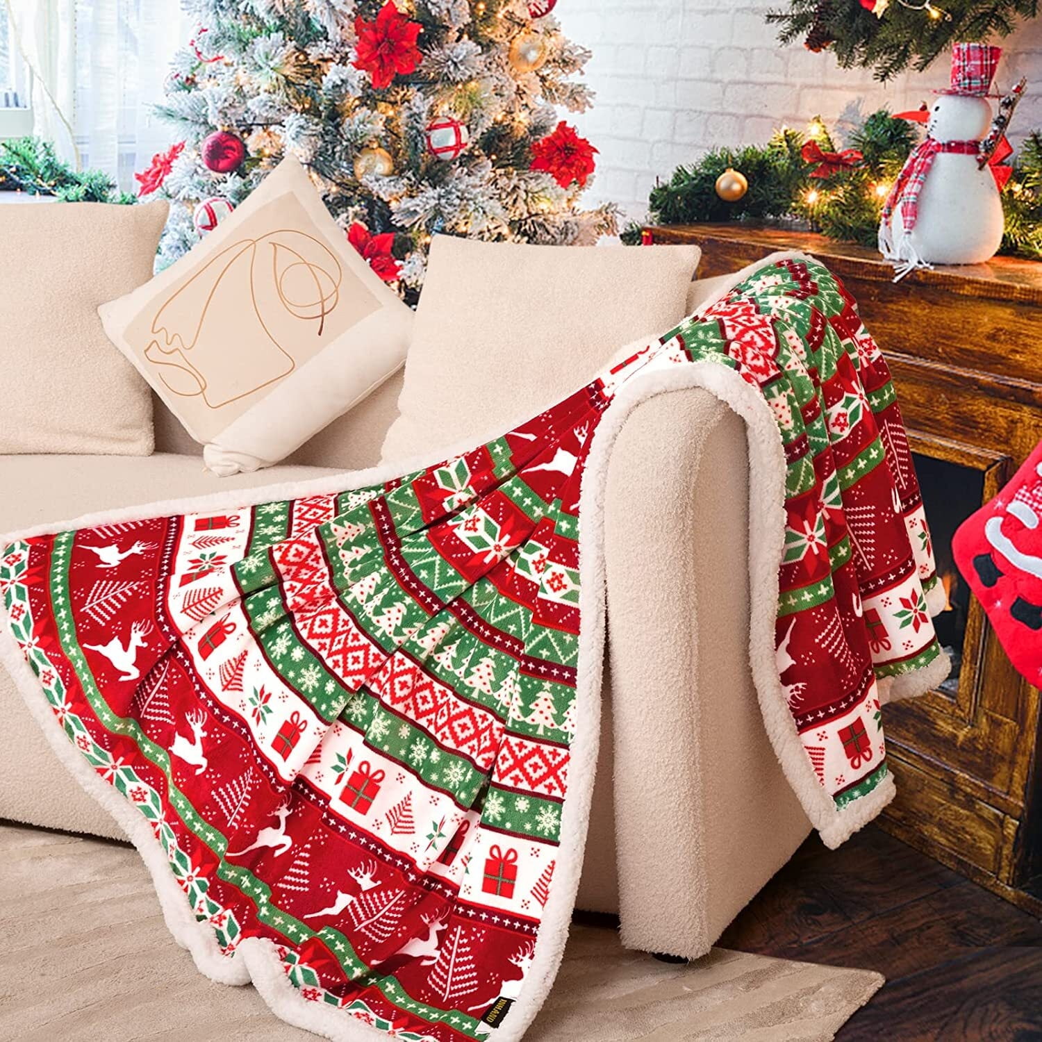 Inhand Xmas Snow Moose Fleece Sherpa Throw, Reindeer Design Flannel ...