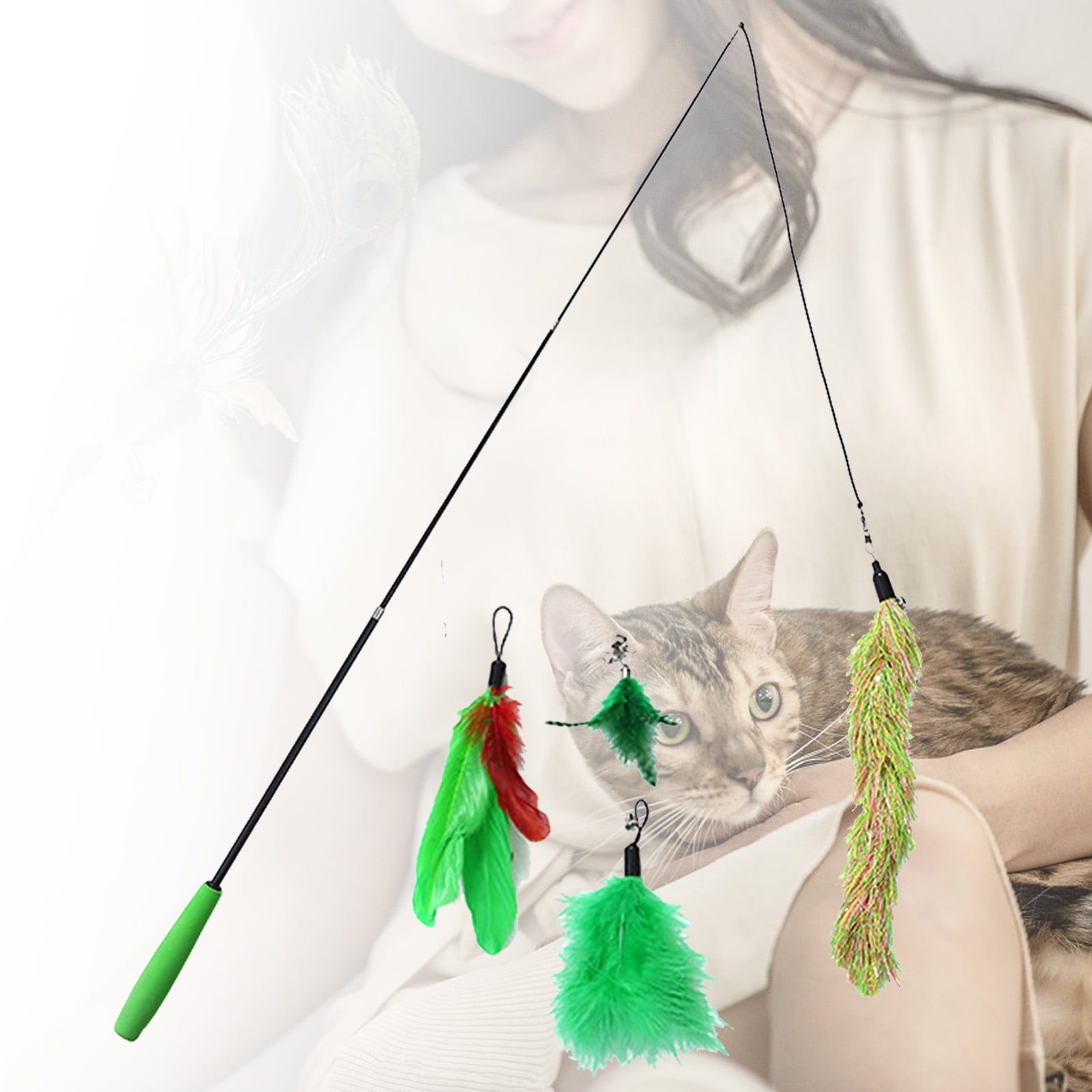 Telescopic Cat Teasing Interactive Stick Feather Wand with Bell Pet ...