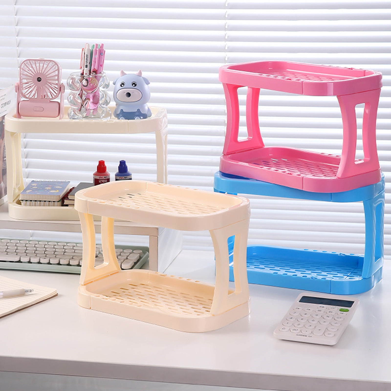Telescopic Desktop Organizer Shelf - Adjustable Plastic Double-Layer ...