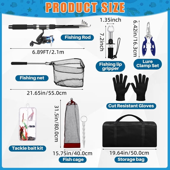 Telescopic Fishing Rod and Reel Combo 6.89ft Kit with Plier Lip Gripper ...