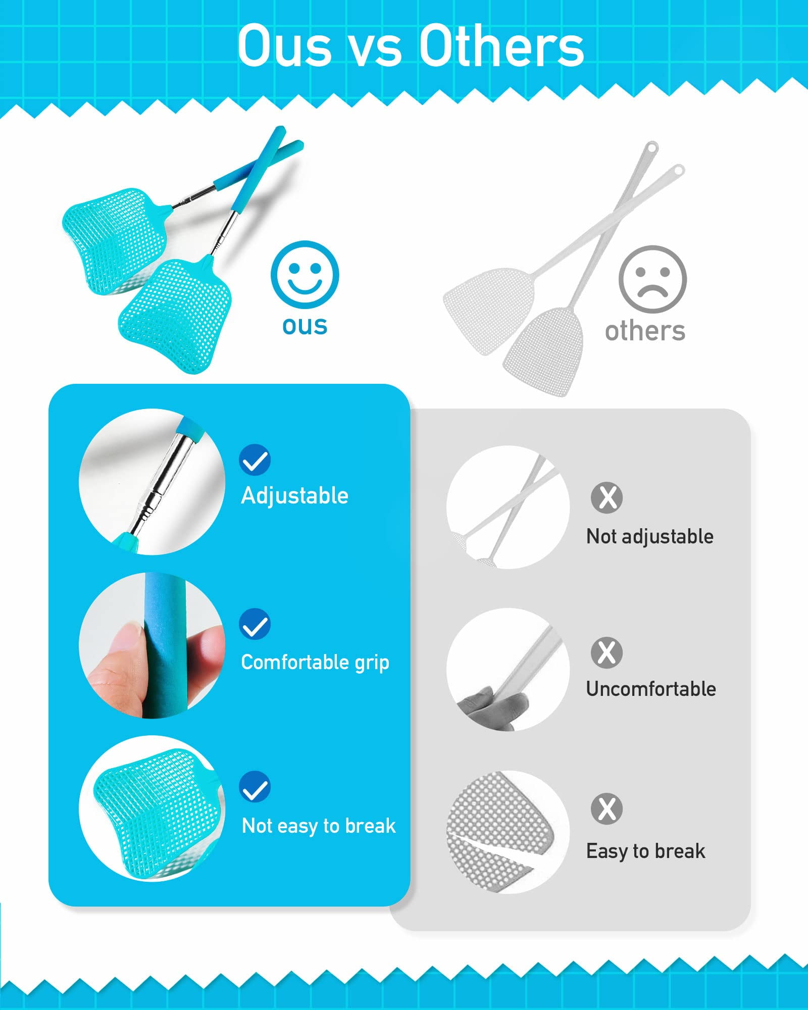Telescopic Fly Swatter, 2 Pack Fly Swatter for Indoors Outdoor Plastic ...