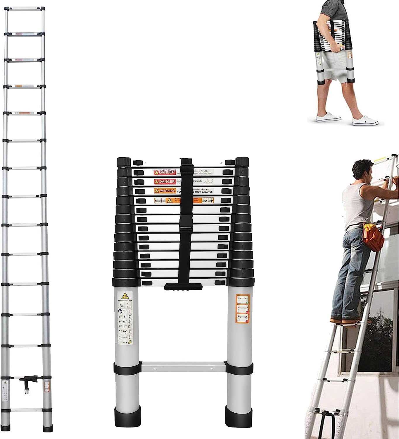 Jupiter Telescopic Ladder 14FT, Aluminum Extension, Collapsible, 330lb ...