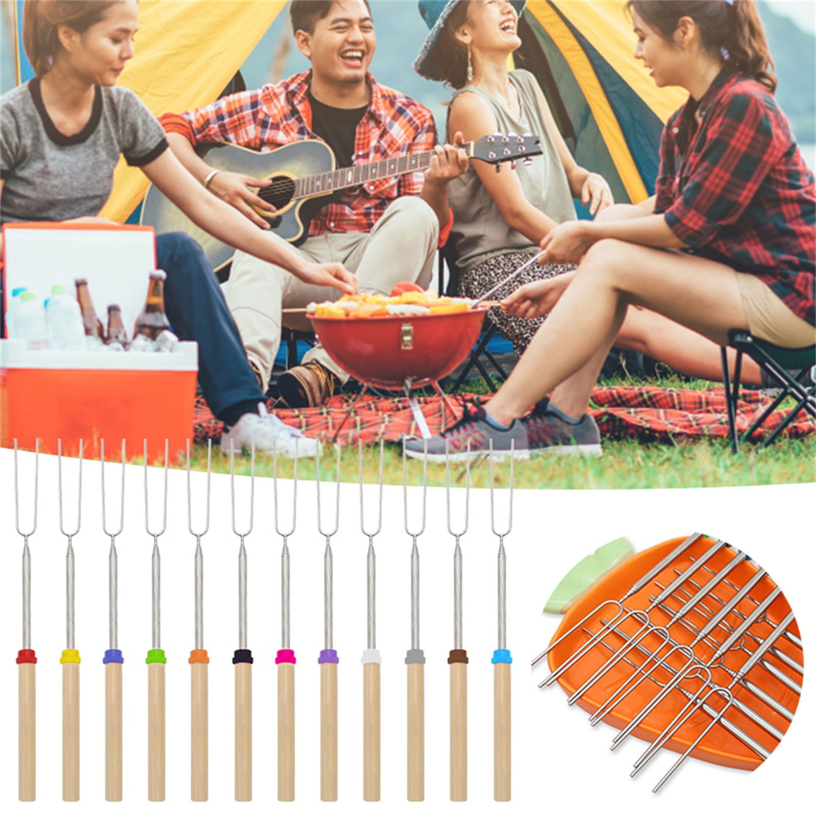 Telescopic Stainless Steel BBQ Fork, U-Shaped Wooden Handle for Outdoor ...